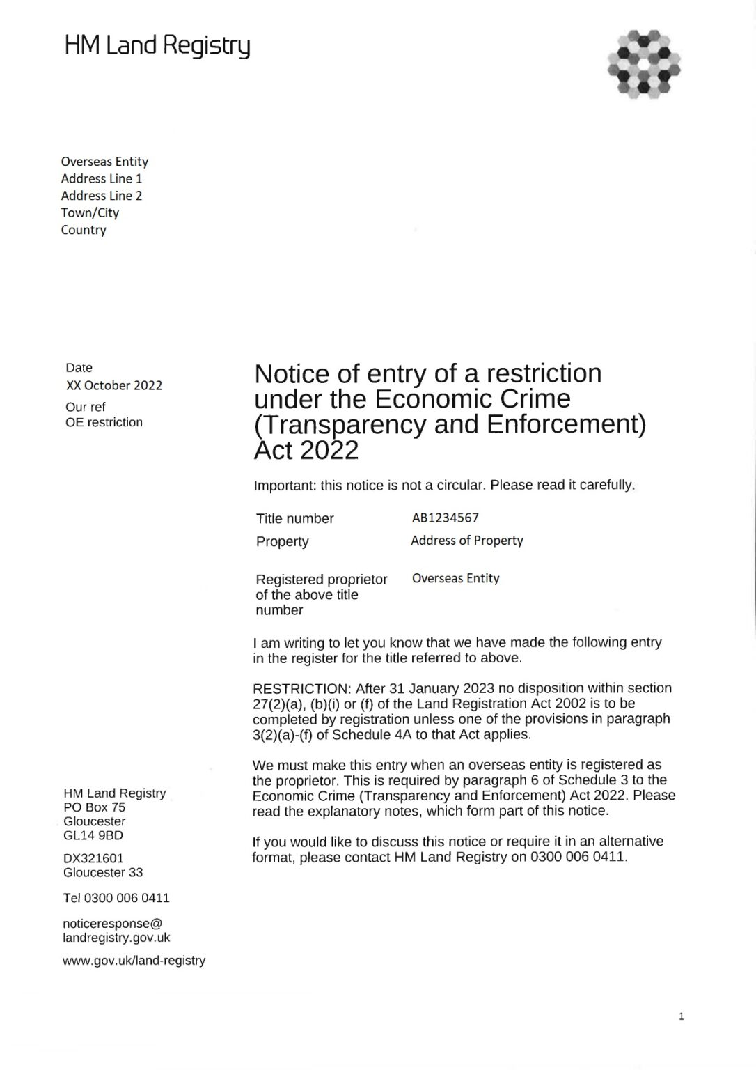 HM Land Registry Letter Notice Of Entry Of A Restriction Explained 