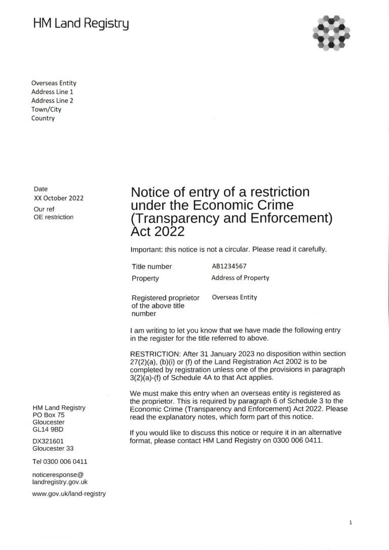 HM Land Registry Letter: Notice of Entry of a Restriction, explained...